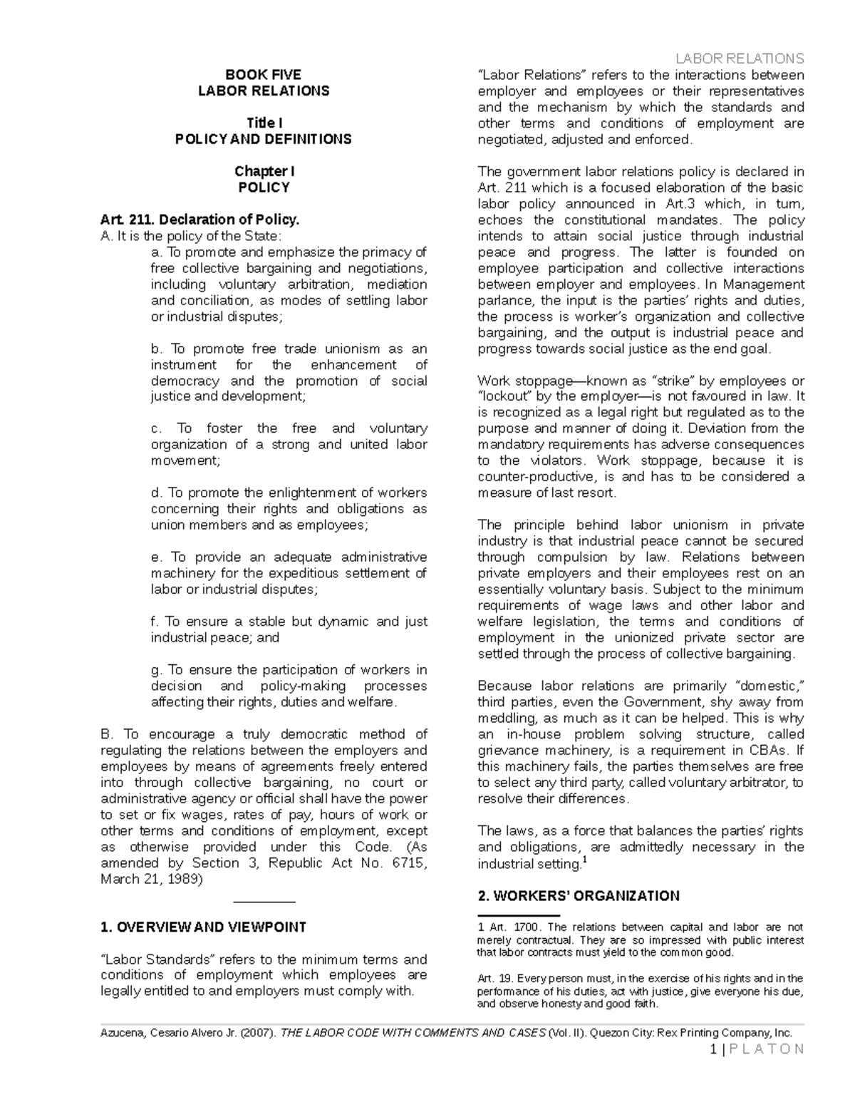 Labor Relations Azucena Notes - Juris Doctor - Studocu