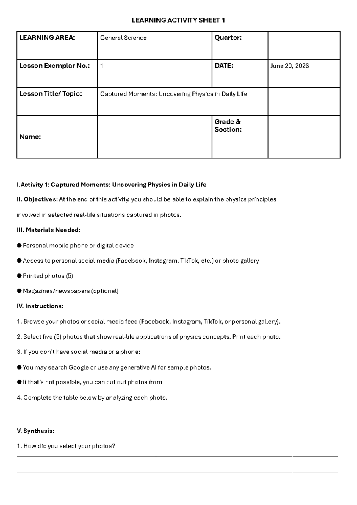 General Science Learning Activity Sheet 1: Uncovering Physics in Daily ...