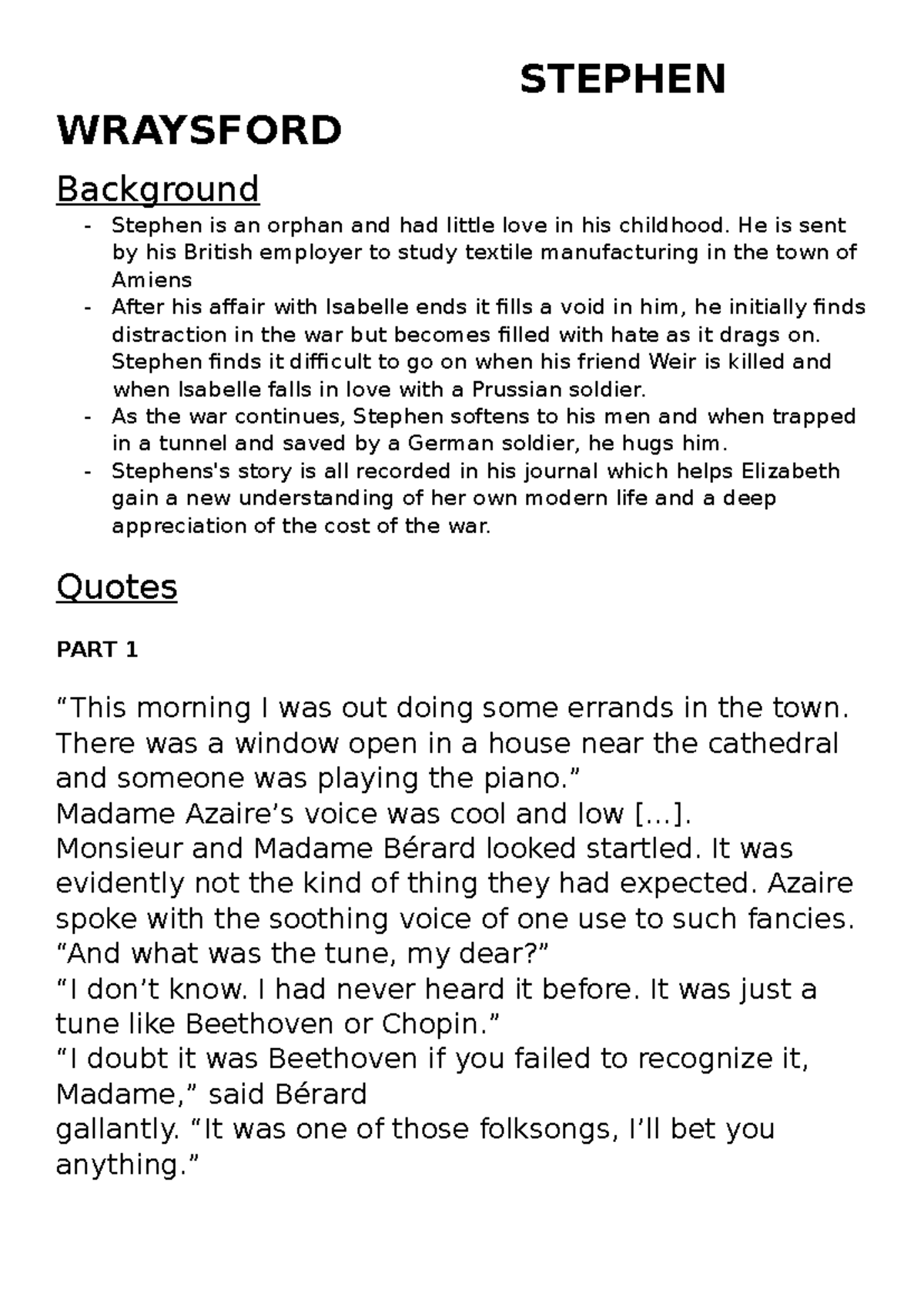 Birdsong Character Analysis: Stephen, Isabelle, René, and Others - Studocu