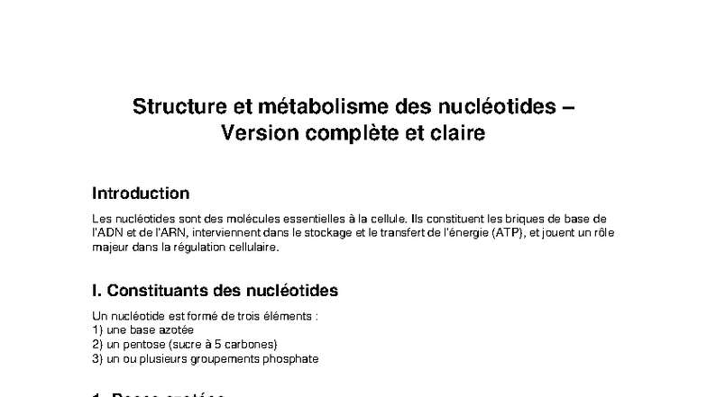 Structure et Métabolisme des Nucléotides - Version Complète - Studocu