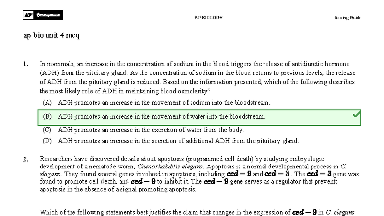 AP BIOLOGY Unit 4 MCQ Scoring Guide and Analysis - Studocu