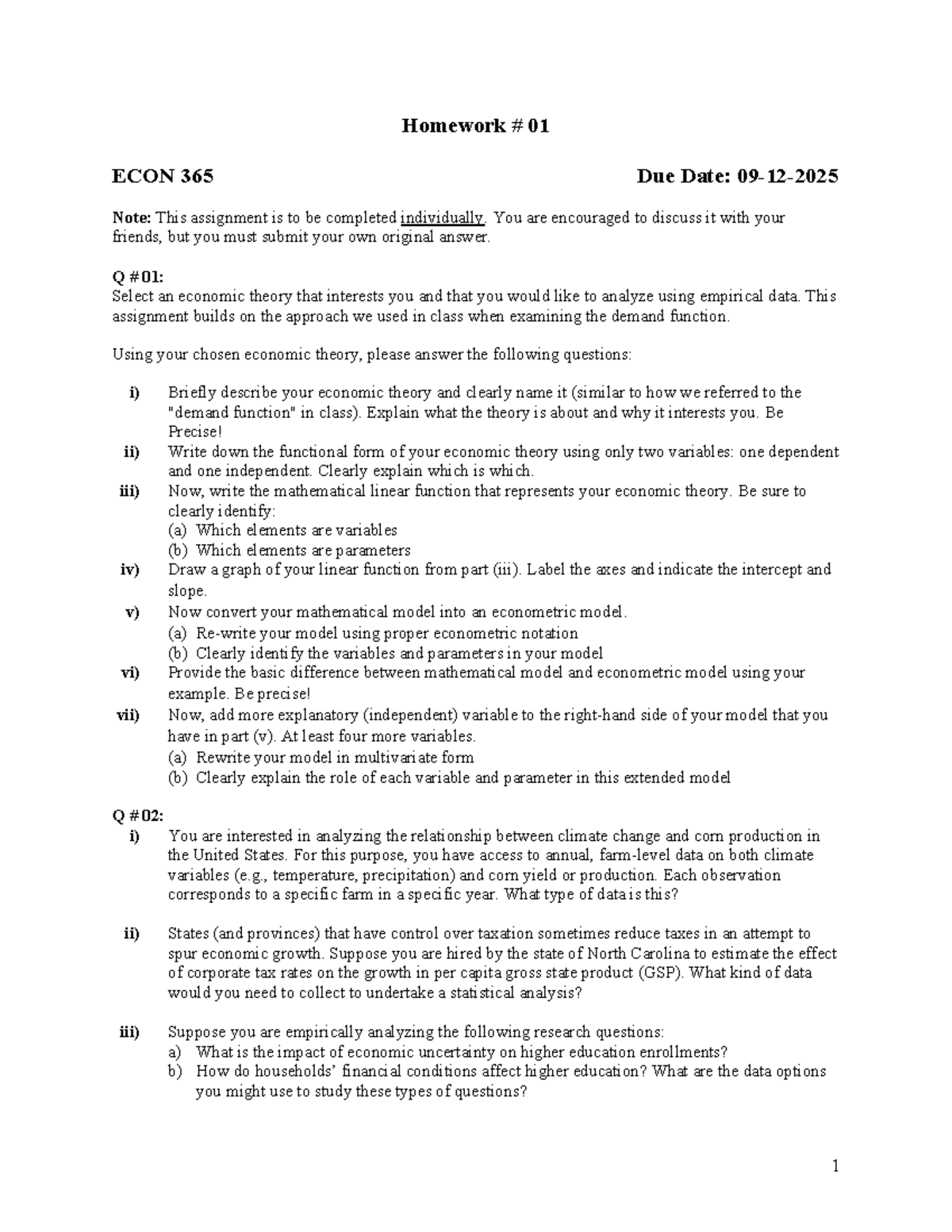 Homework #01 ECON 365: Analyzing Economic Theories with Data - Studocu