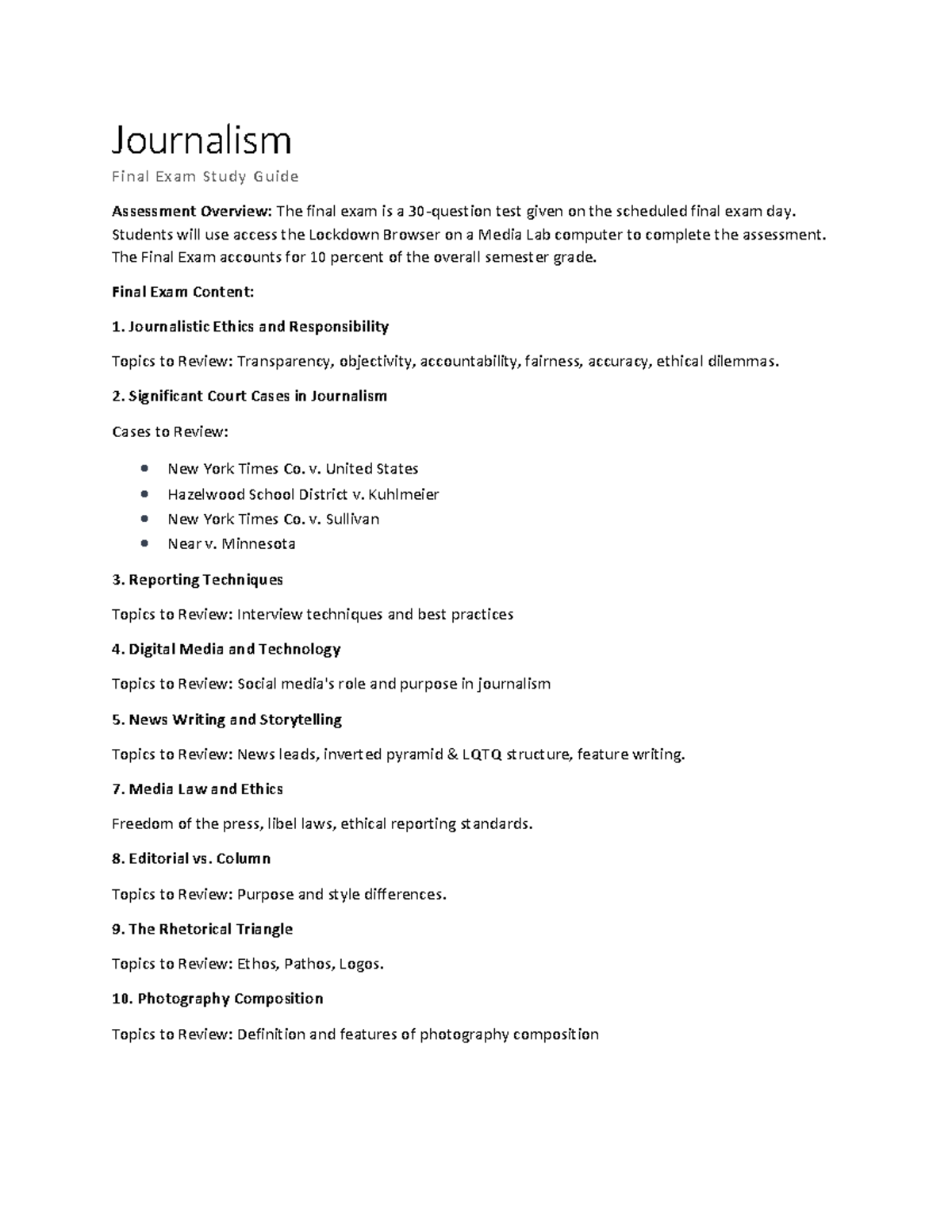 Journalism 101: Final Exam Study Guide & Key Preparation Tips - Studocu