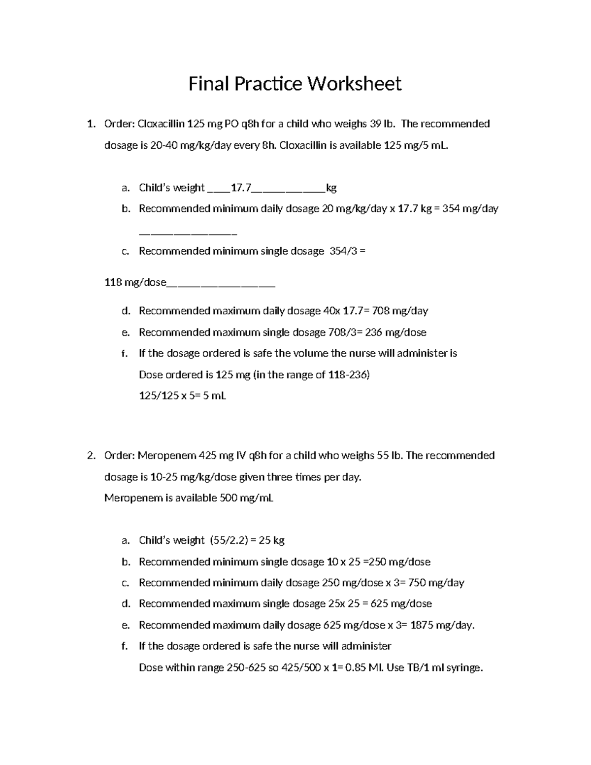 Finalpracticeanswers - Final Practice Worksheet Order: Cloxacillin 125 ...