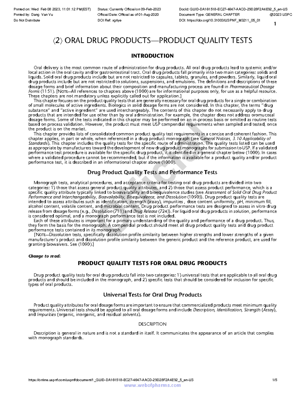 USPC Oral Drug Quality Tests: General Chapter Overview - Studocu