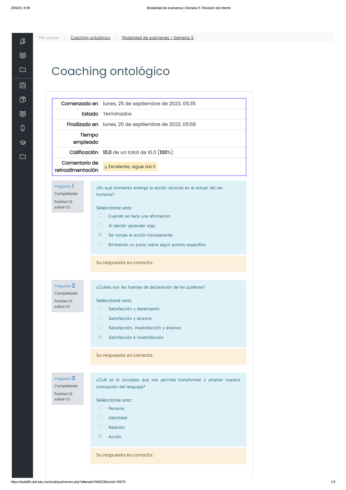 Revisión del intento del quiz de Coaching Ontológico - Semana 5 - Studocu