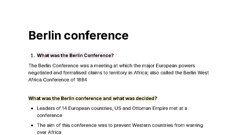 Berlin Conference 1884: History Notes for IB Students - Studocu