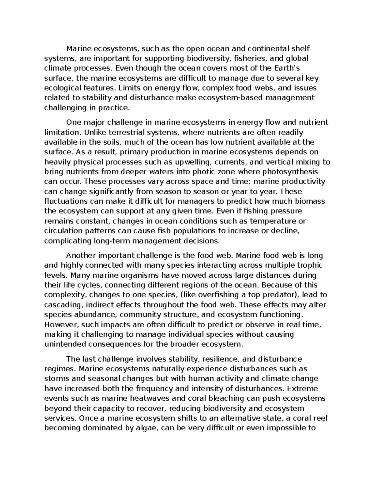 Marine Ecosystems: Key Challenges in Management and Biodiversity - Studocu