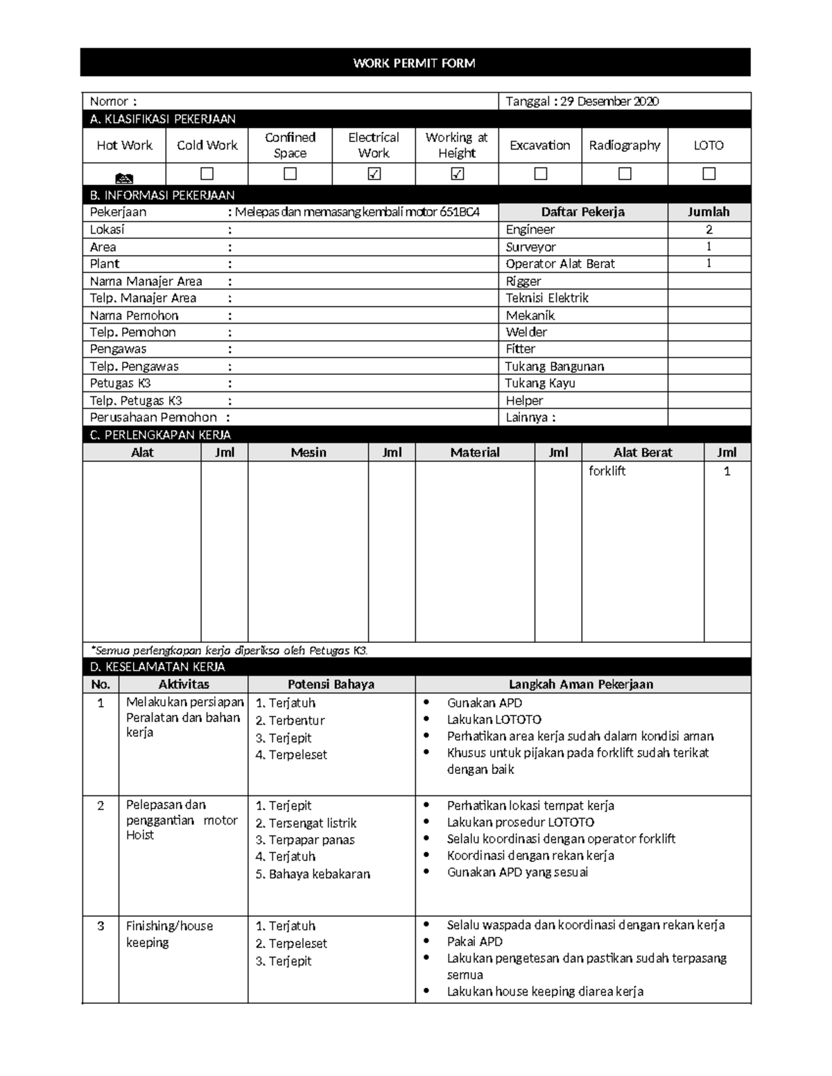 Contoh Work Permit Form untuk Pekerjaan Berbahaya dan Keselamatan - Studocu