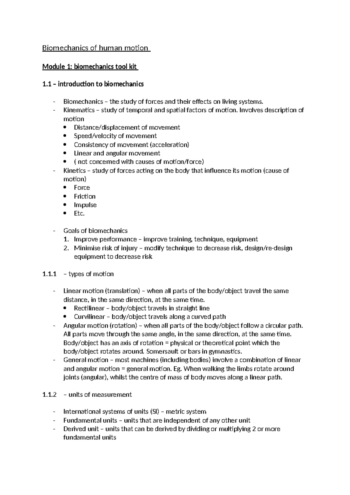 Biomechanics of Human Motion: Key Concepts and Notes (Module 1 & 2 ...