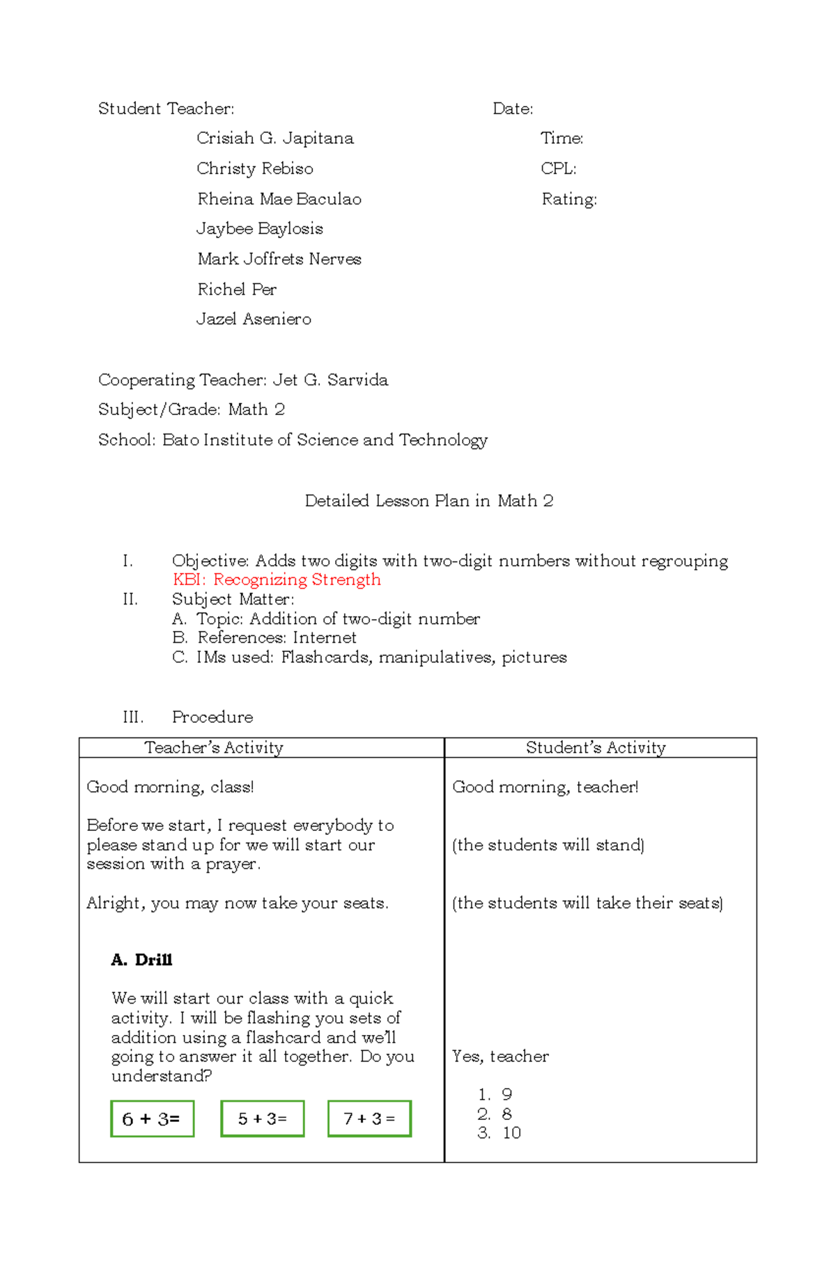 Detailed Lesson Plan in Math 2 (CPL) - Addition of Two-Digit Numbers ...