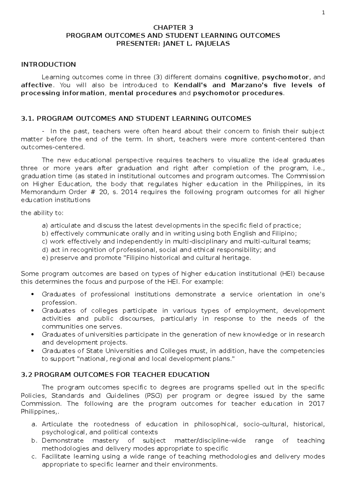 Program Outcomes AND Student Learning Outcomes Summary - CHAPTER 3 ...