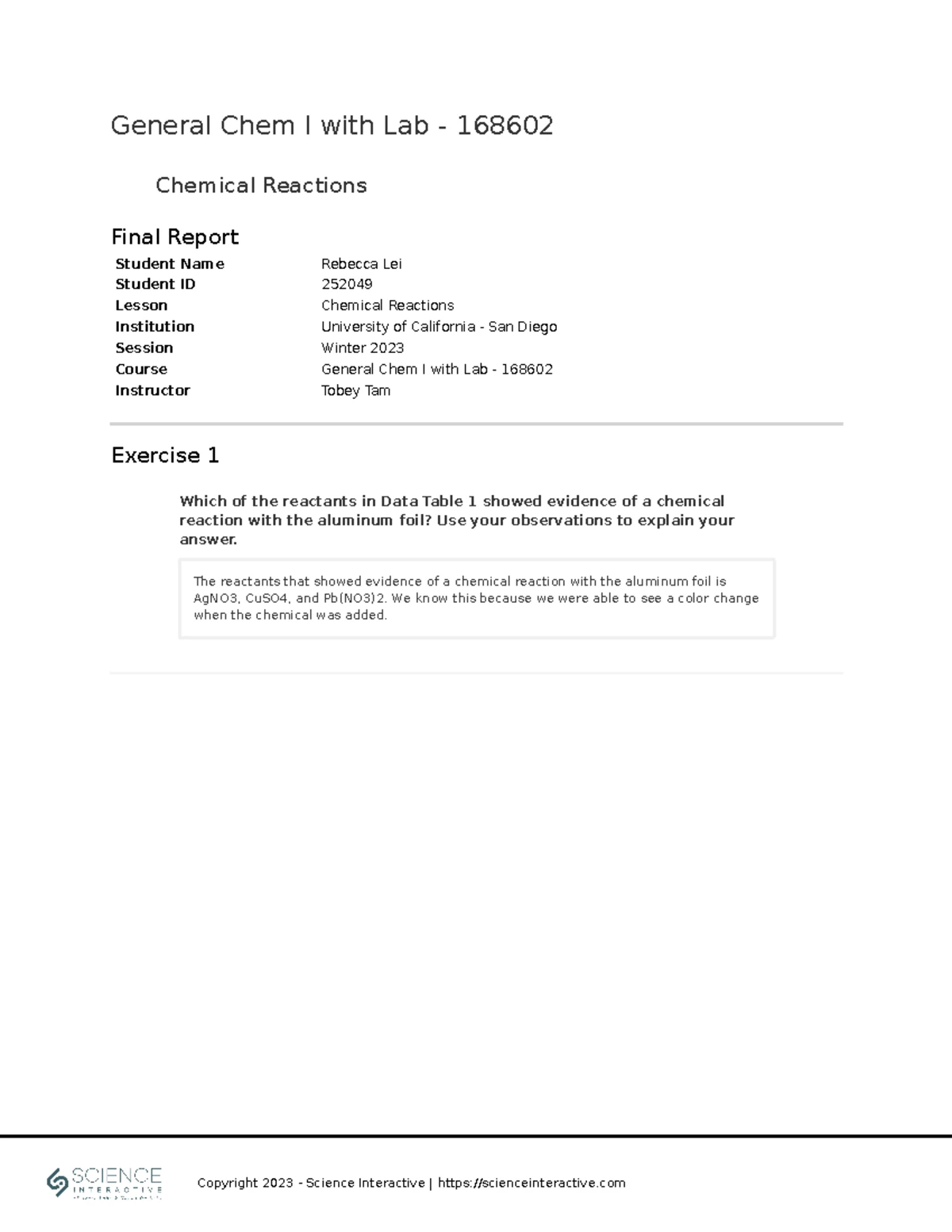 General Chem Iwith Lab 168602 Chemical Reactions 252049 - Student Name ...