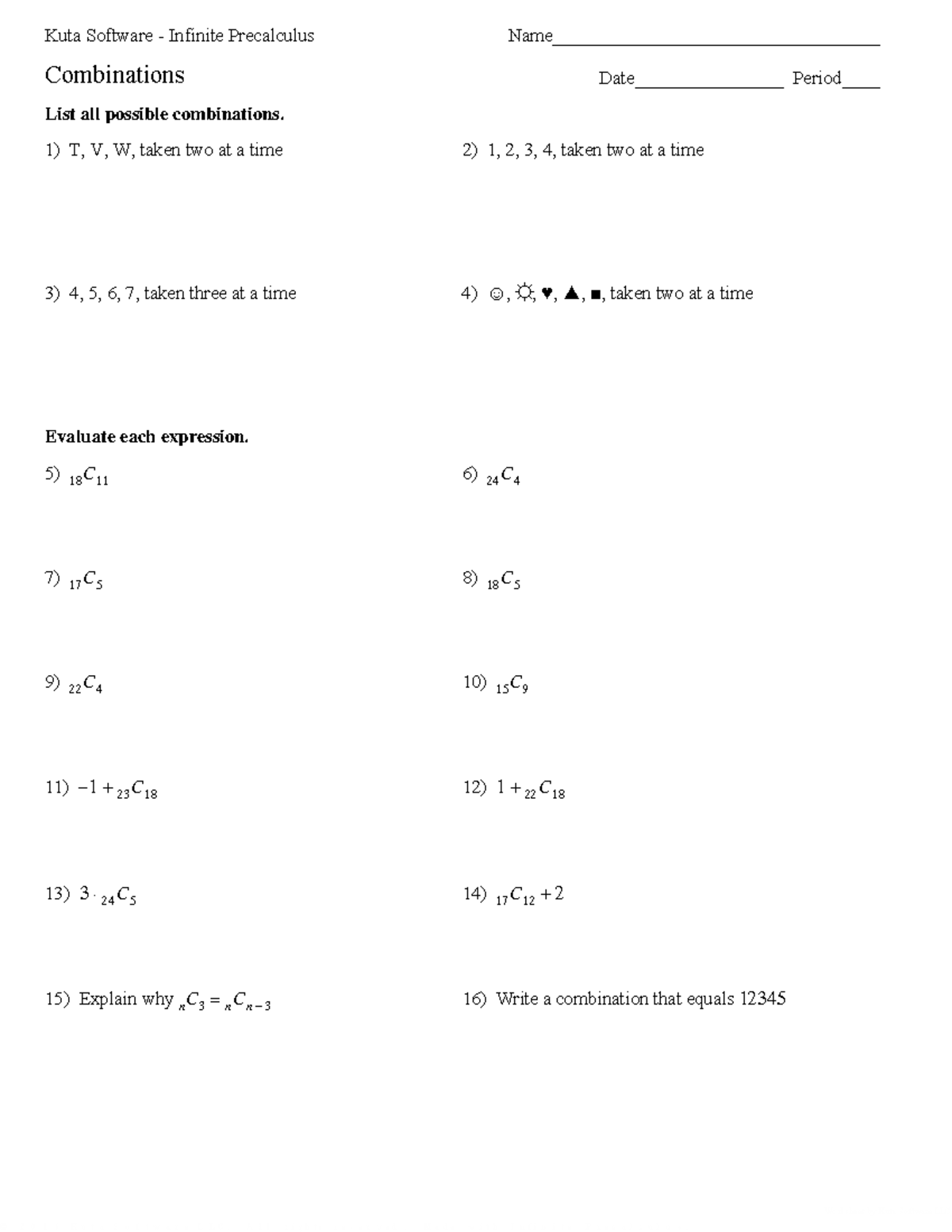 Combinations Assignment - Infinite Precalculus Worksheet - Studocu