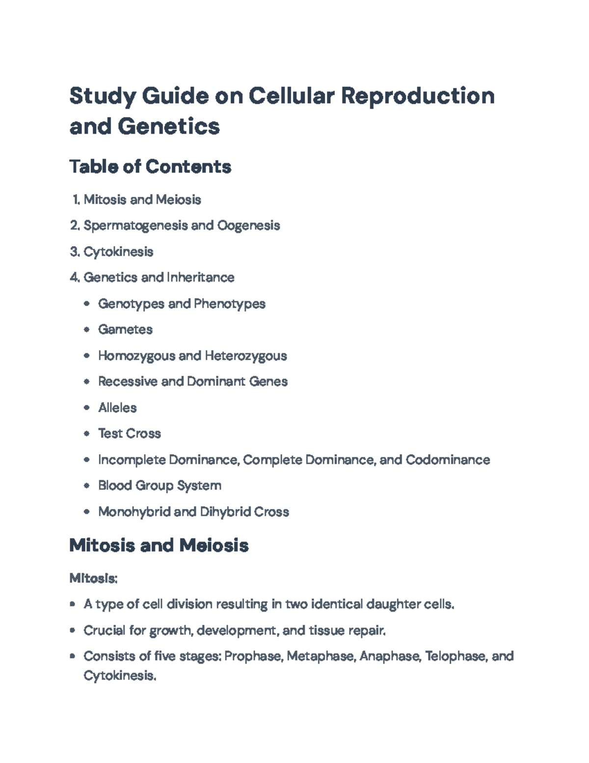 Study Guide for Cellular Reproduction and Genetics Concepts - Study ...