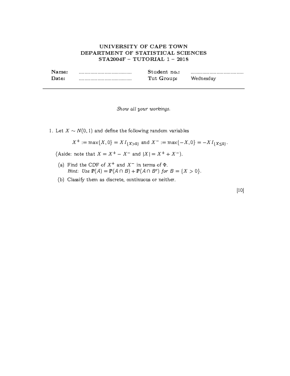 STA2004F Tutorial 1 - Random Variables and CDFs Analysis - Studocu