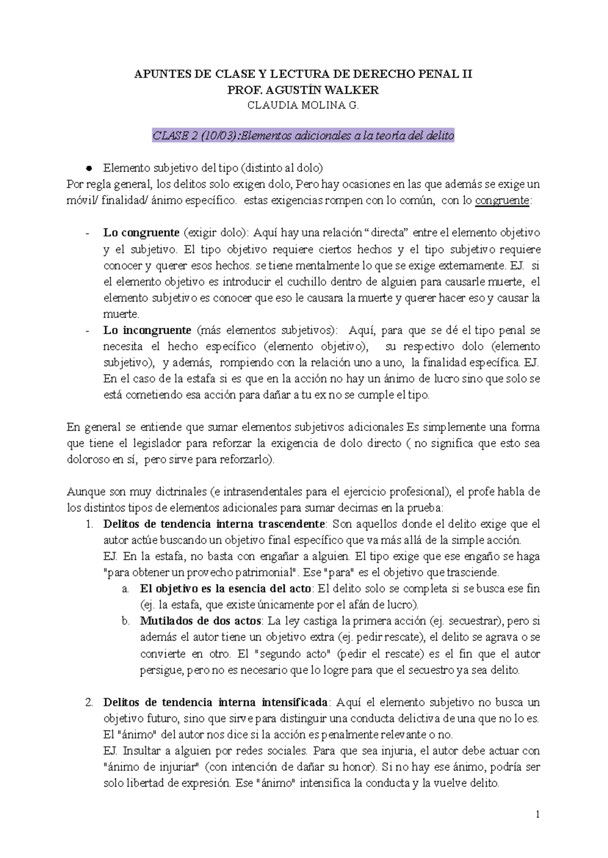 APUNTES DE DERECHO PENAL II - CLASES Y LECTURAS DEL PROF. WALKER - Studocu