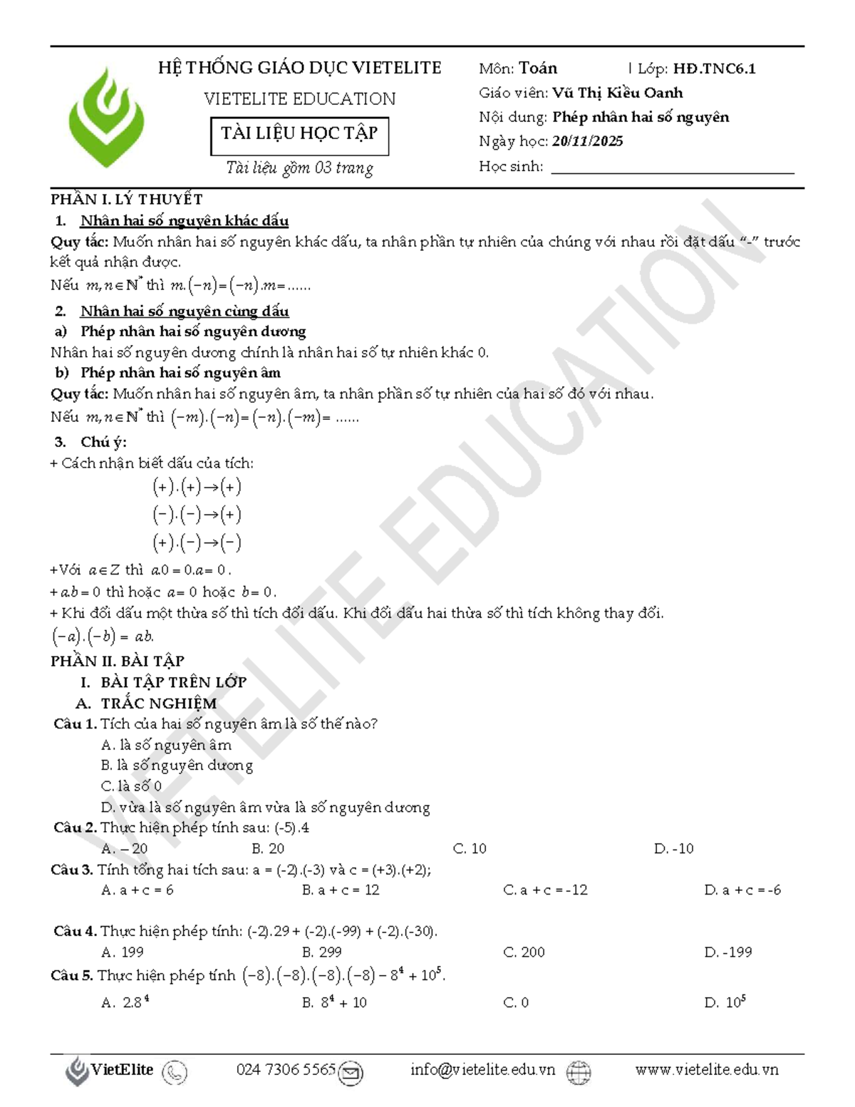 HĐ.TNC6.1 Toán: Phép Nhân Hai Số Nguyên - Tài Liệu Học Tập - Studocu