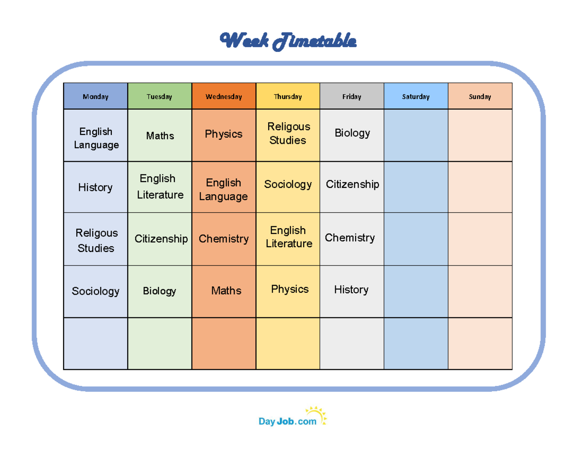 Revision timetable template 8 - Monday Tuesday Wednesday Thursday ...