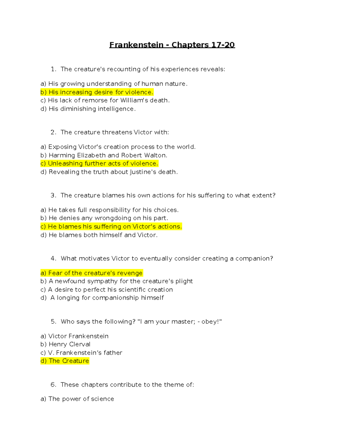 Frankenstein: Detailed Analysis of Chapters 17-20 (Final Exam Notes ...