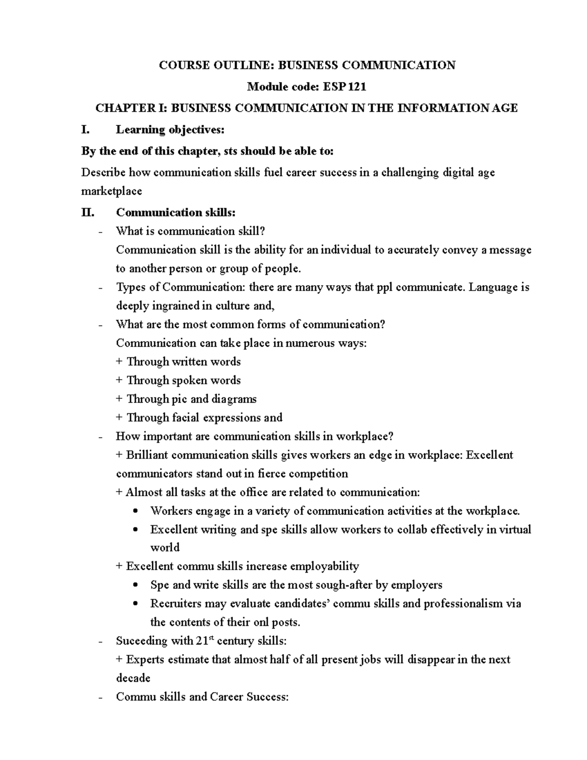 ESP 121 - Vở ghi TACN 2 - COURSE OUTLINE: BUSINESS COMMUNICATION Module code: ESP 121 CHAPTER I ...
