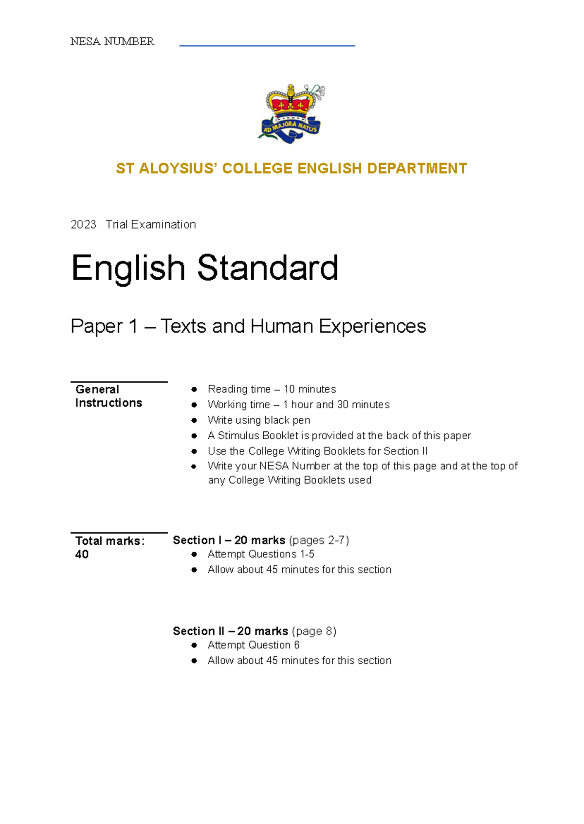 St Aloysius English Std Trial Exam Paper 1 2023: Texts & Human ...