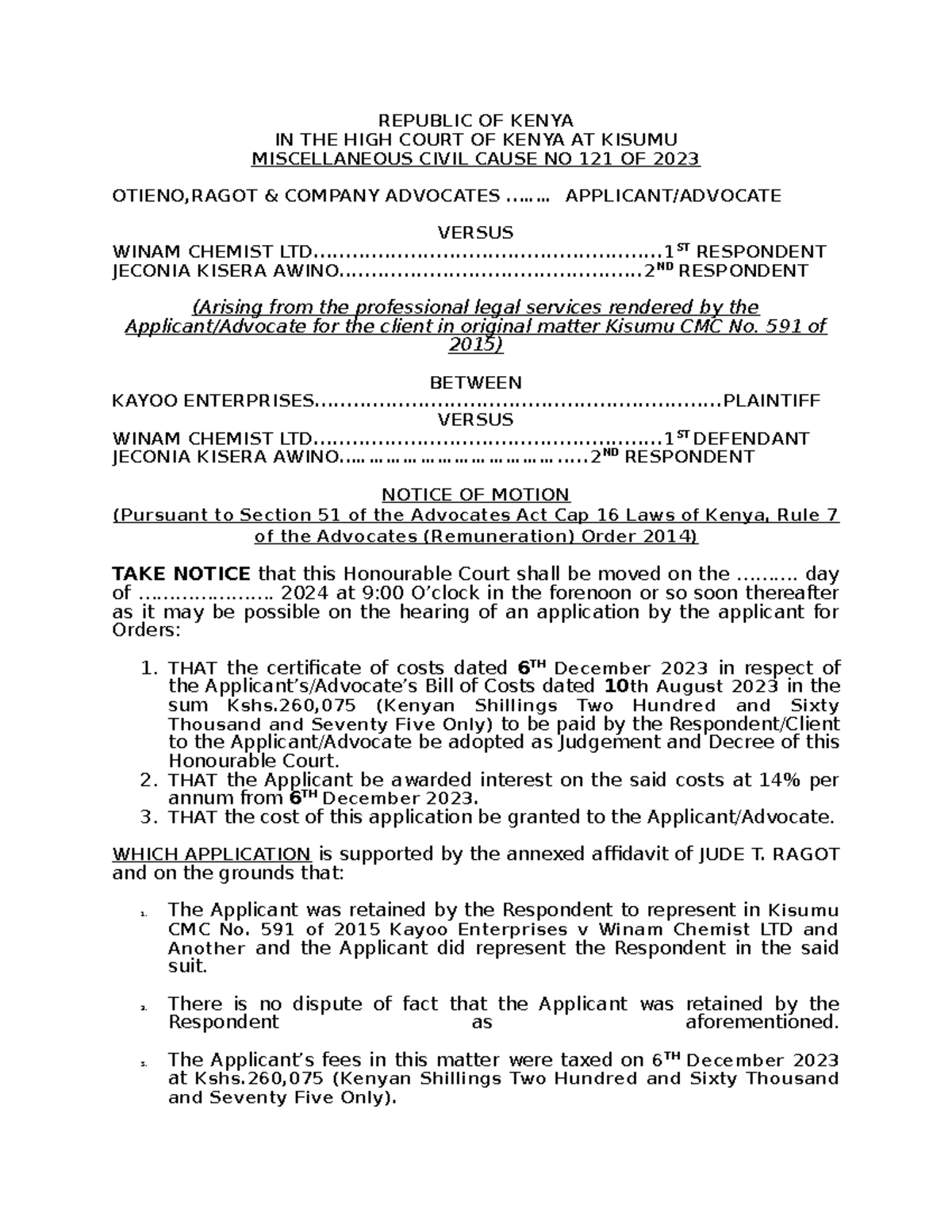 Application for Adoption of Certificate of Costs in Misc. Civil Cause ...