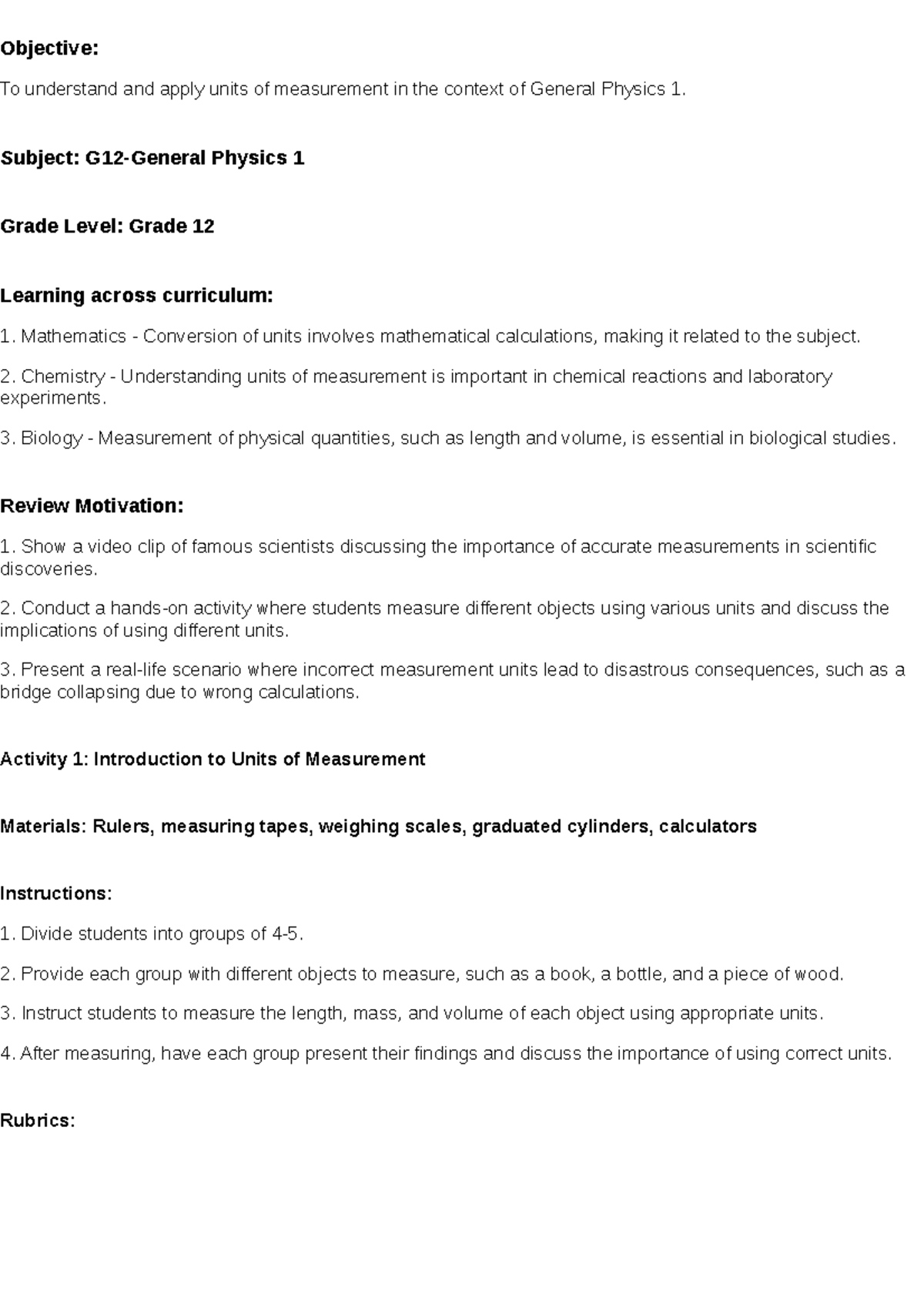 G12 General Physics 1 Lesson Plan: Understanding Units of Measurement - Studocu