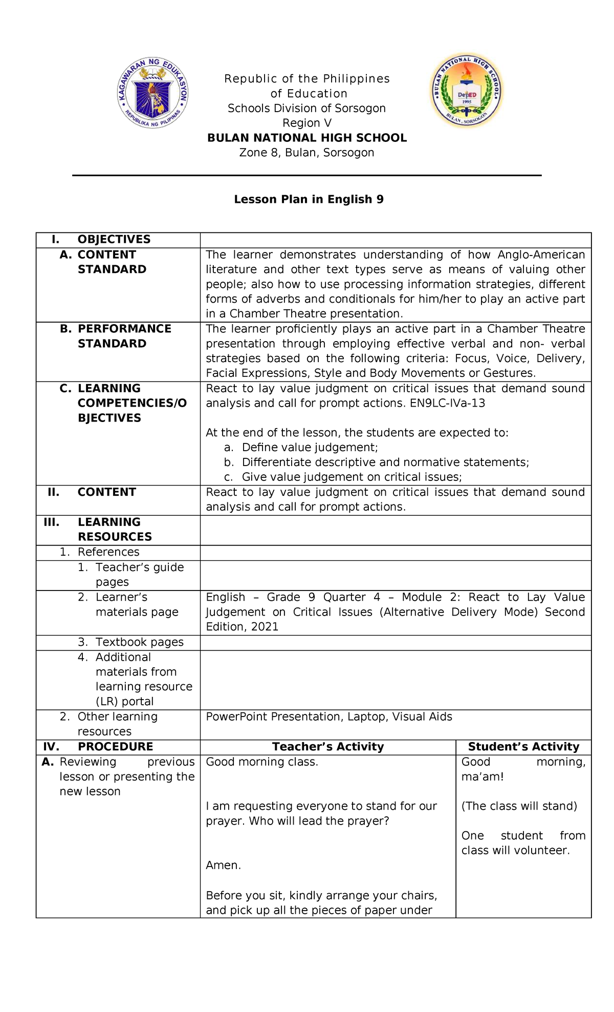English 9 Lesson Plan: Value Judgement on Critical Issues (4th Q) - Studocu
