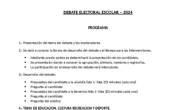 Programa DE Debate Electoral Escolar 2024: Estructura y Temas - Studocu