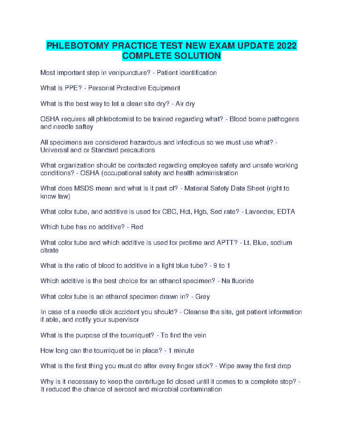Phlebotomy Practice TEST NEW EXAM Update 2022 Complete Solution ...