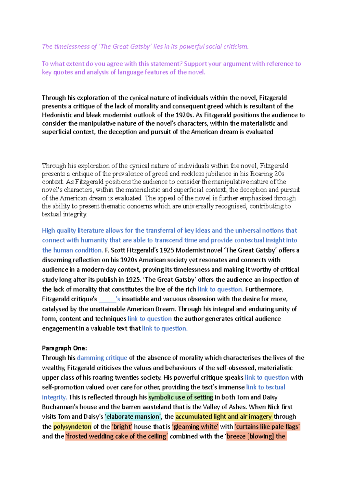Year 11 Essay: Analyzing Social Critique in The Great Gatsby - Studocu