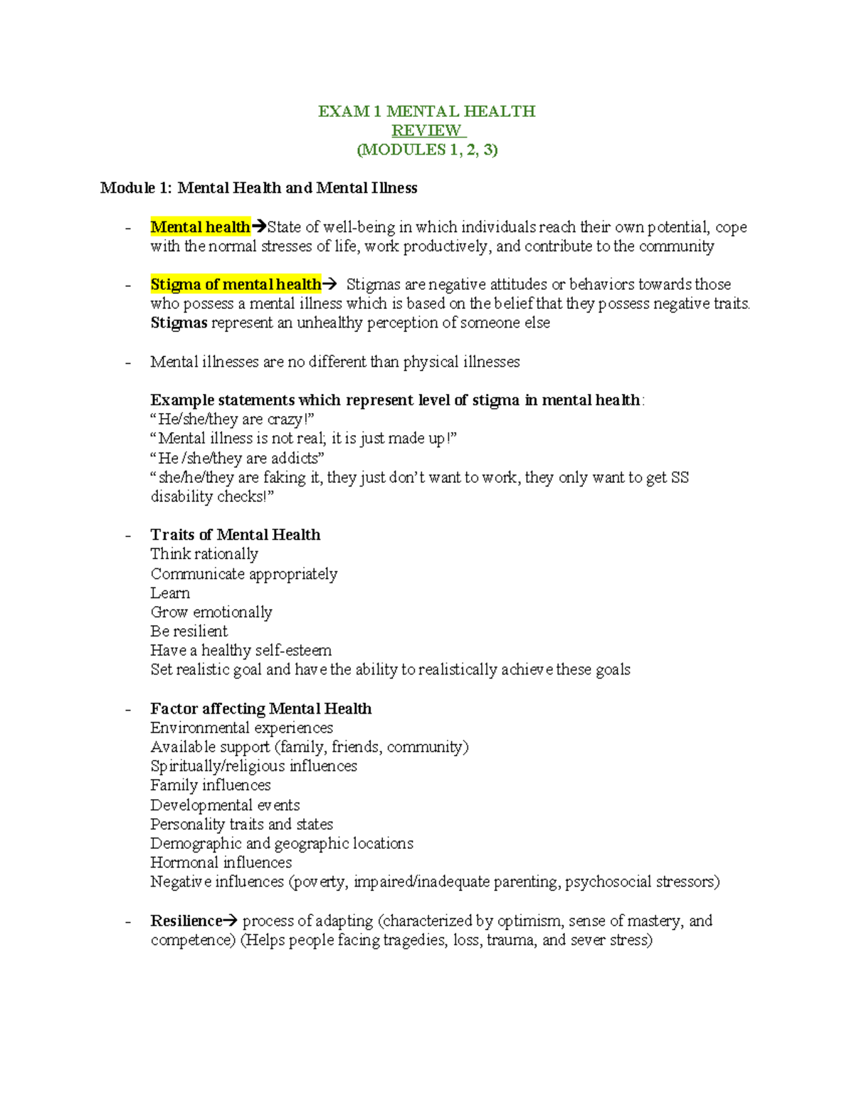 EXAM 1 Mental Health Review - EXAM 1 MENTAL HEALTH REVIEW (MODULES 1, 2 ...