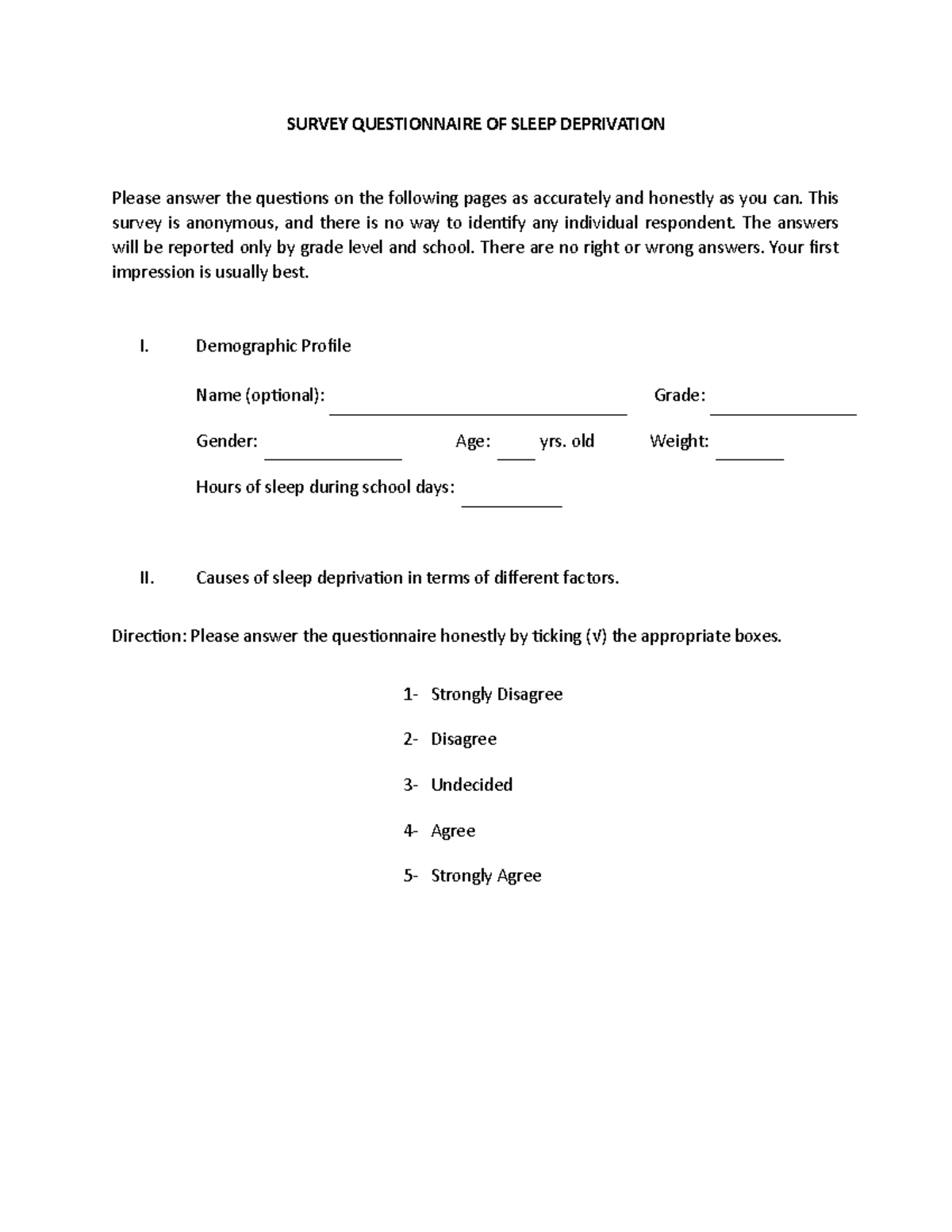 Survey Questionnaire OF Sleep Deprivation - SURVEY QUESTIONNAIRE OF ...