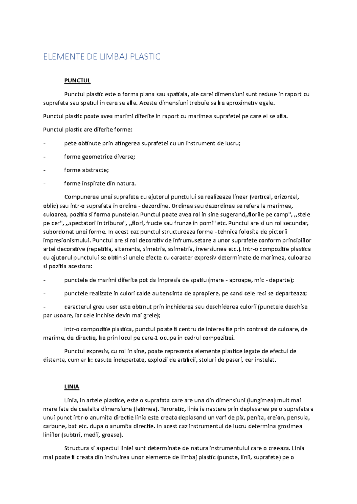 ELEMENTE DE LIMBAJ PLASTIC - Punctul, Linia, Forma și Compoziția - Studocu