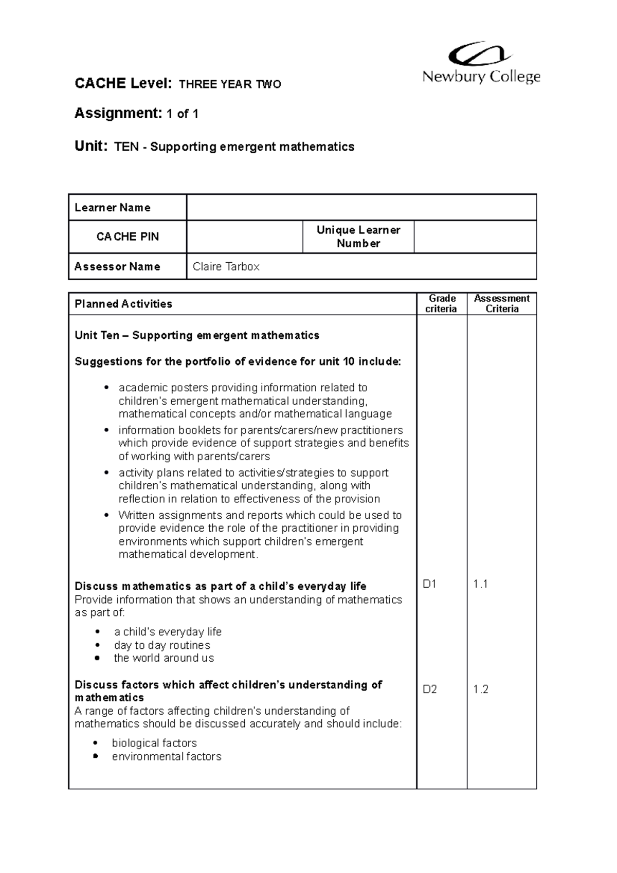 Supporting Emergent Mathematics - CACHE Level 3 Unit 10 Assignment ...