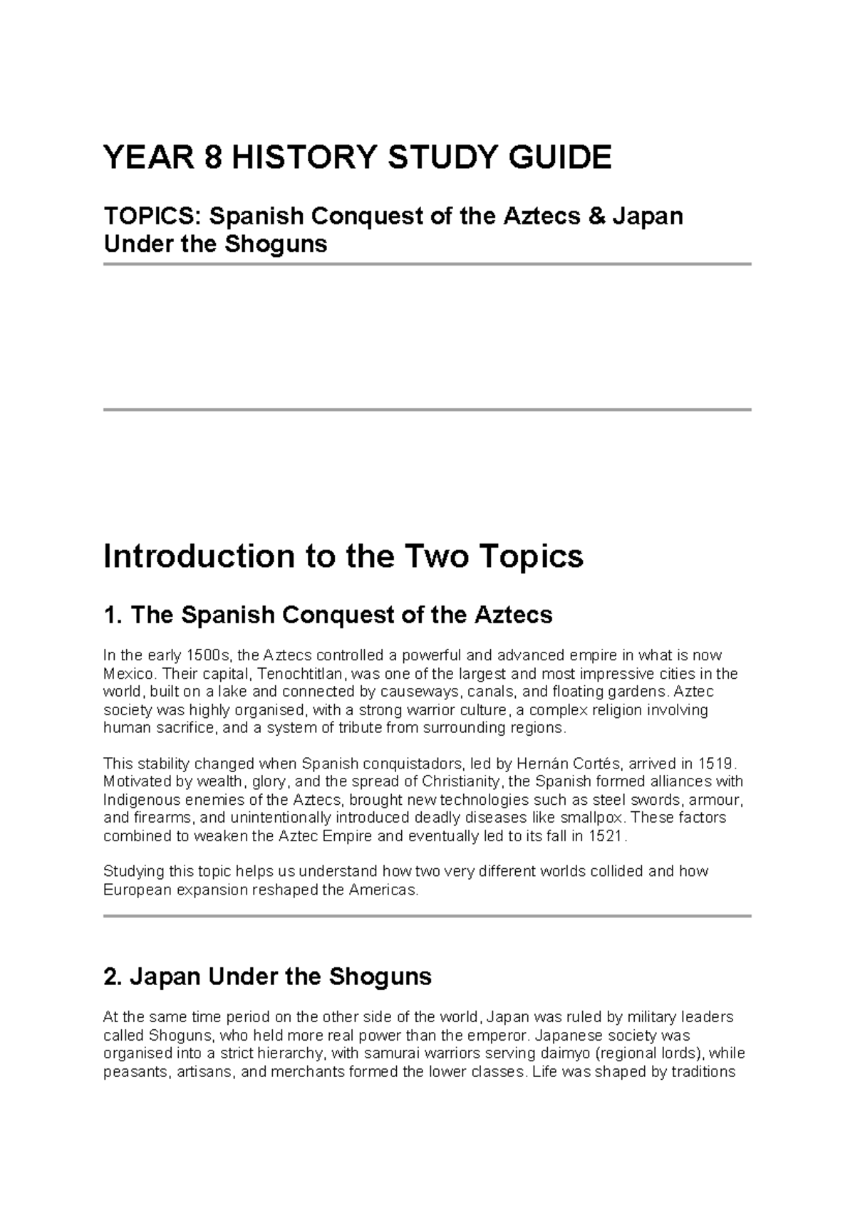 YEAR 8 HISTORY STUDY GUIDE: Spanish Conquest & Japan Under Shoguns ...