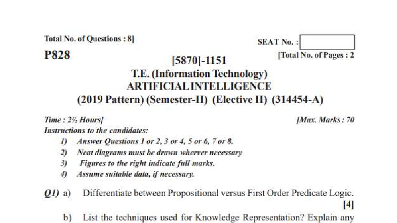 T.E. (Information Technology) AI Question Paper PYQs (2019 Pattern ...