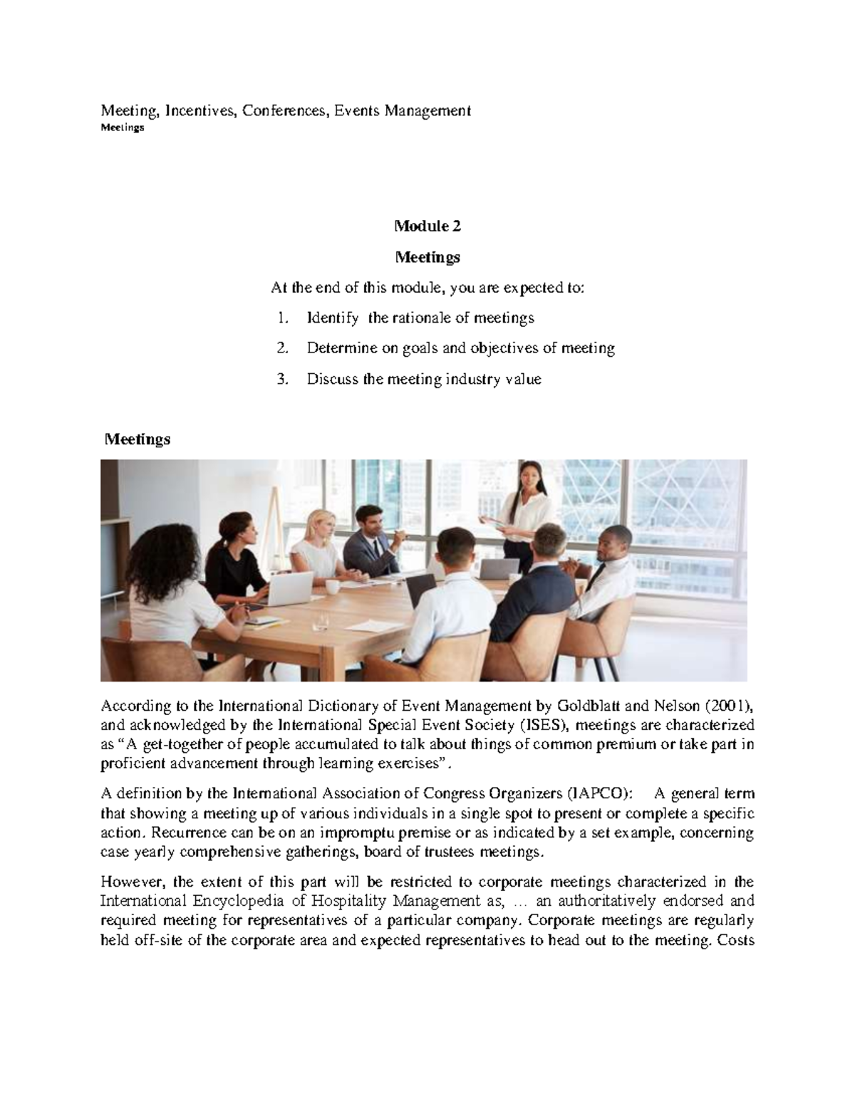 Lesson 2 (WEEK 2) - Corporate Meetings: Goals and Trends - Studocu