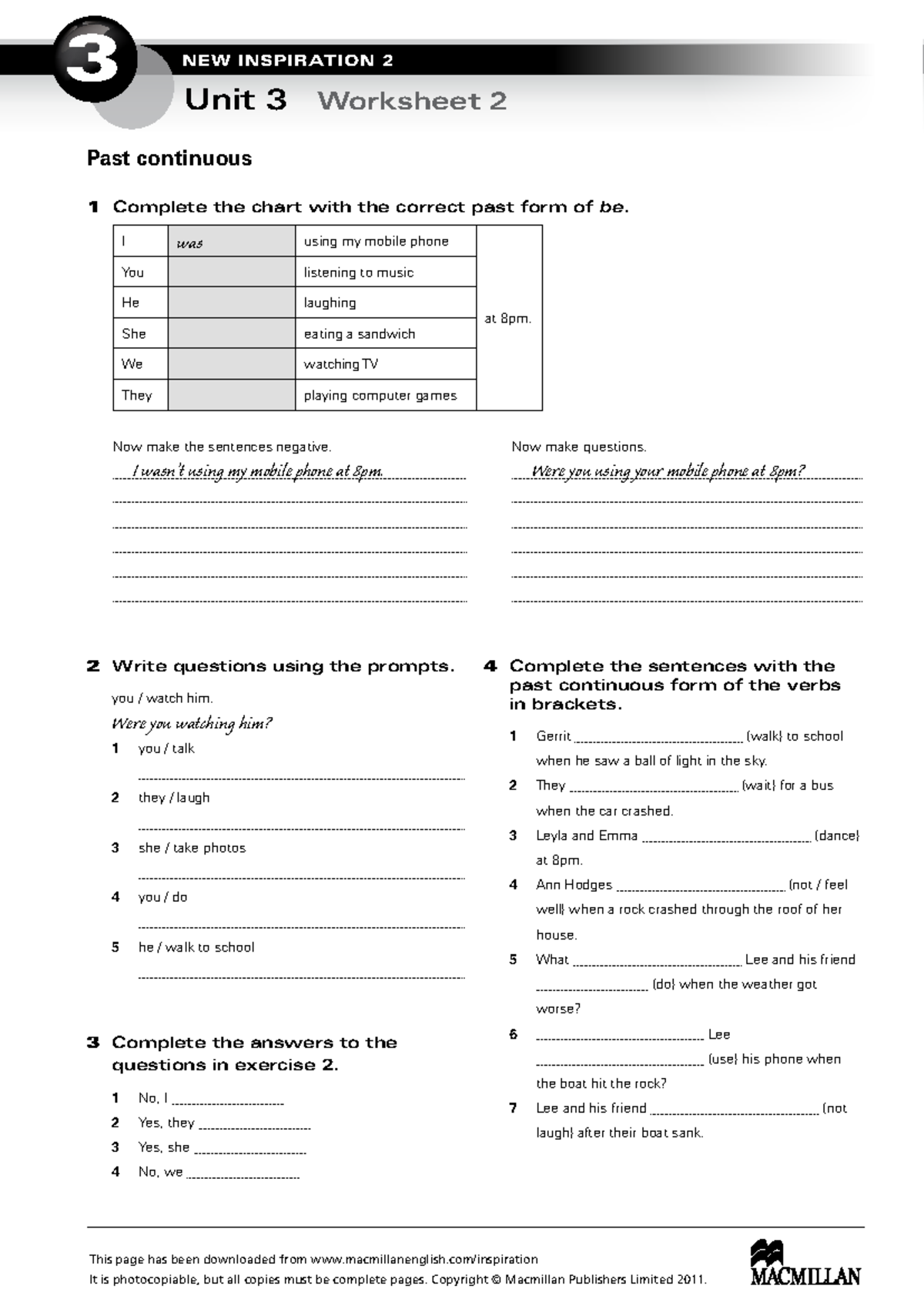 NI2 Grammar Worksheet 2: Past Continuous Practice Activities - Studocu