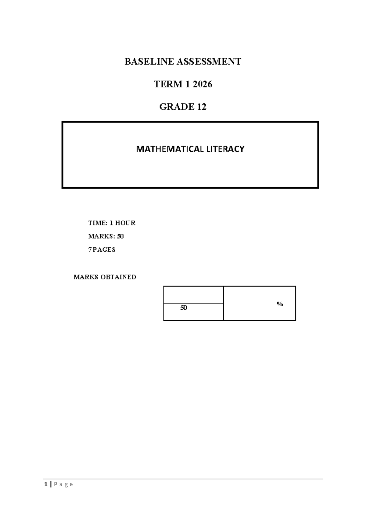 Grade 12 Mathematical Literacy Baseline Assessment Term 1 2026 - Studocu