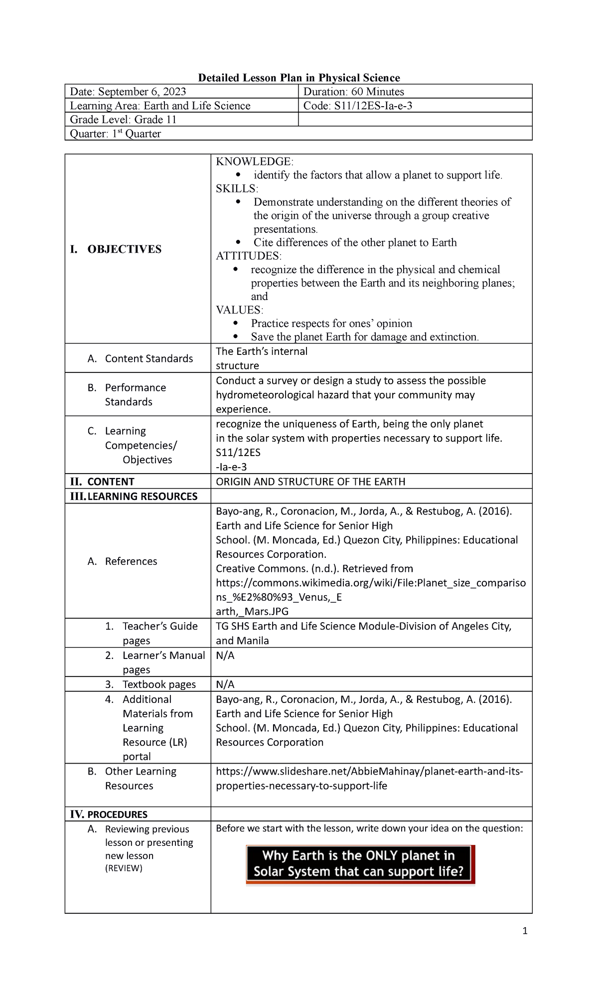 Lesson Plan Earth Life Science For Grade 11 S11 12es Ia E Quarter