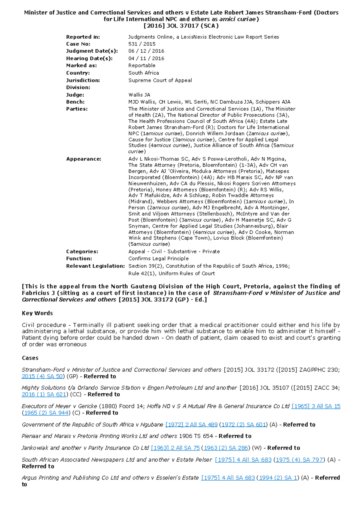 **Case Study: Minister of Justice & Correctional Services v Stransham ...