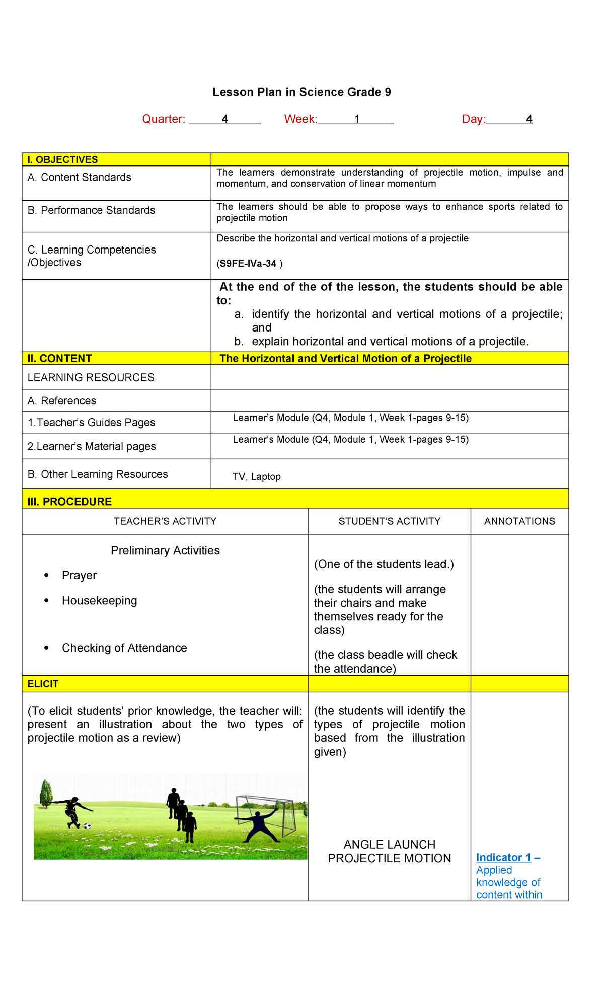 652157738 Science Lesson Plan: Projectile Motion - Grade 9 COT 4 - Studocu