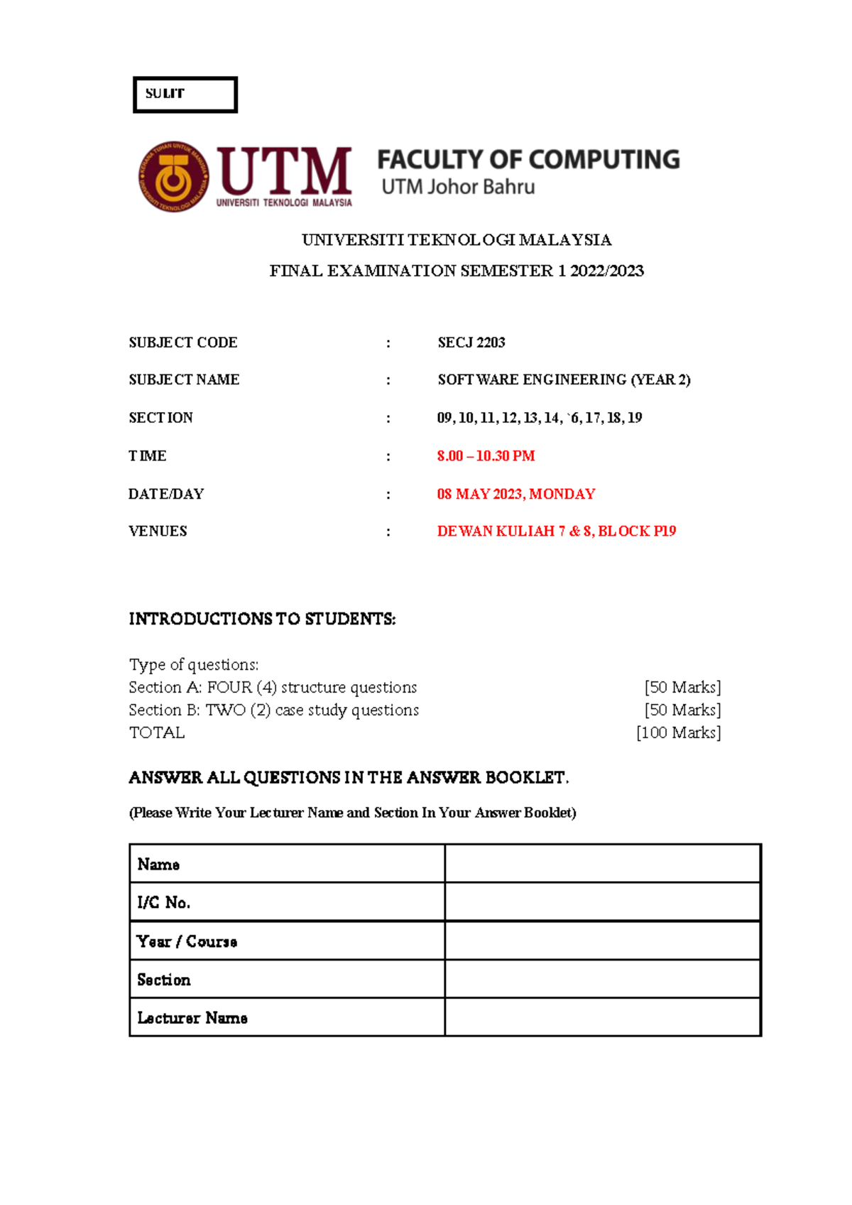 UTM SECJ 2203 Final Exam Software Engineering Year 2 2023 - Studocu