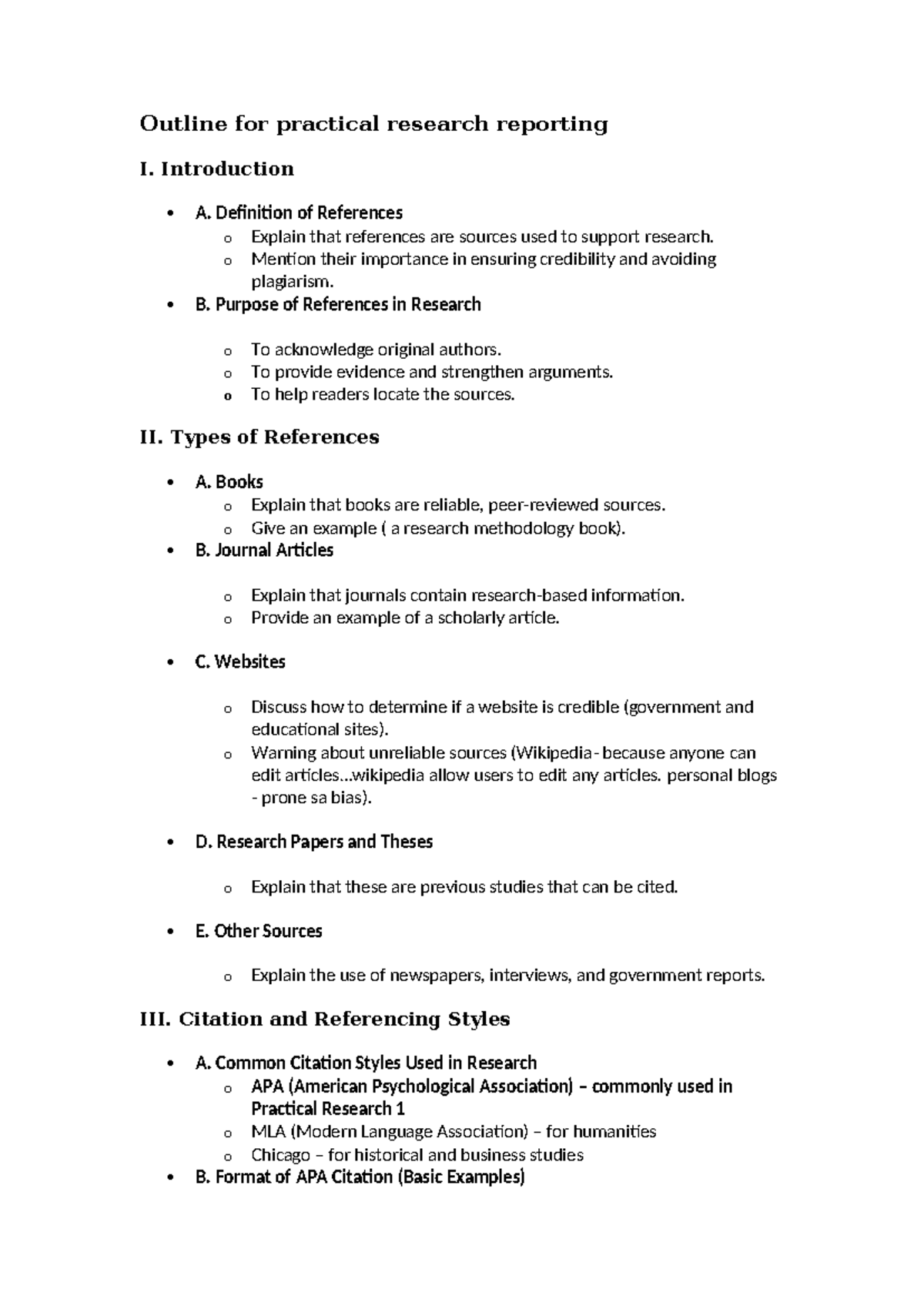 Outline for practical research reporting - Introduction A. Definition ...