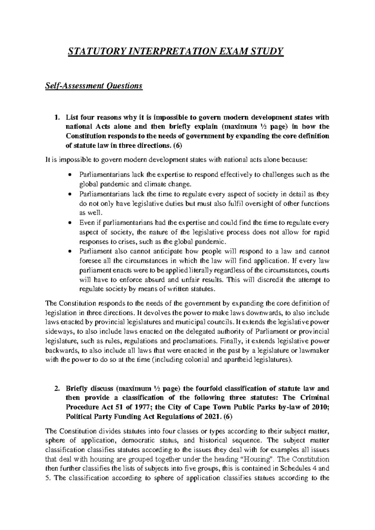 Self Assesment Questions Answered - STATUTORY INTERPRETATION EXAM STUDY ...