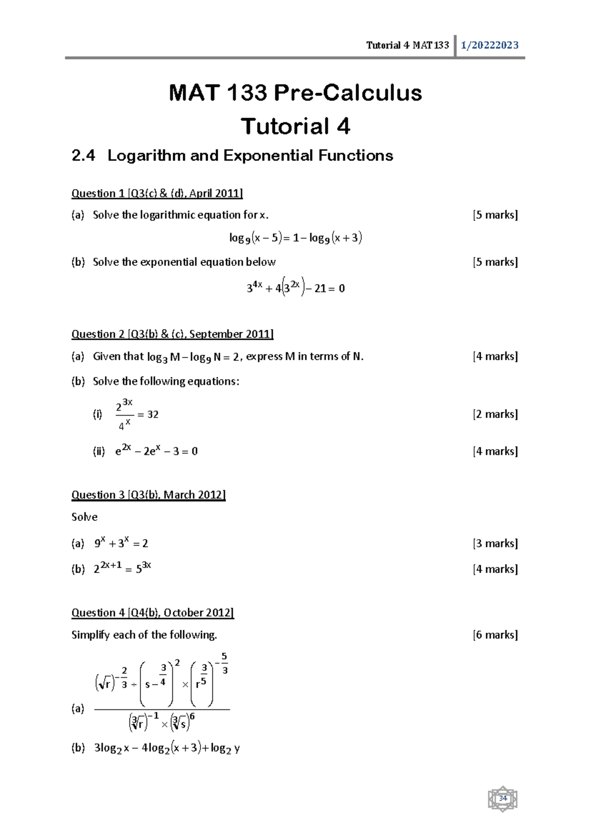 Tutorial 4 MAT133: Logarithmic & Exponential Functions and Graph ...