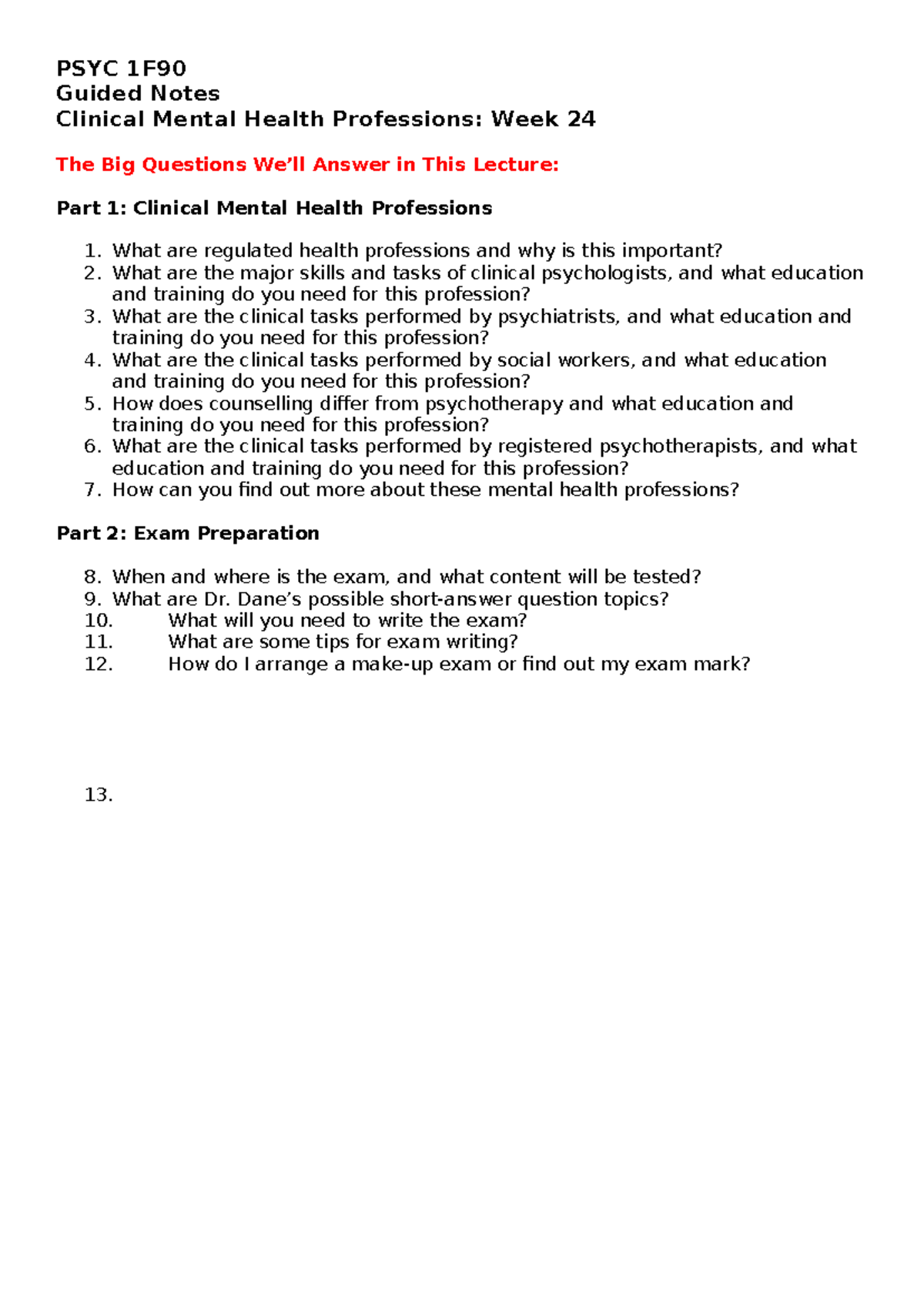 PSYC 1F Week 24 Lecture Notes on Clinical Mental Health Professions ...
