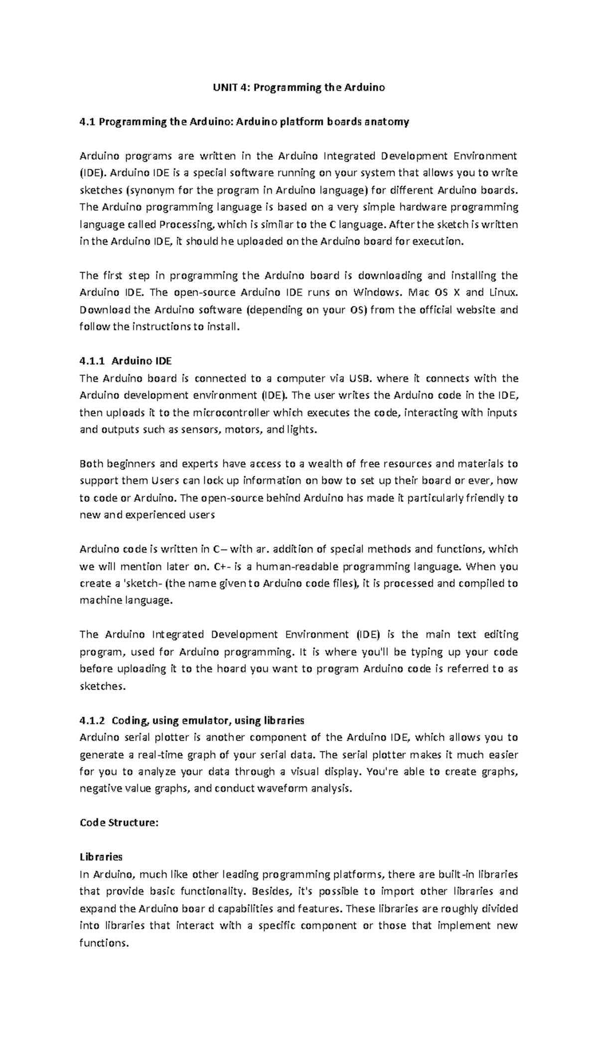 Unit 4 - Arduino Programming: Concepts & Implementation Notes - Studocu